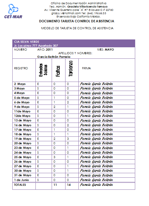Grace Admon 2DO: Tarjeta Control de Asistencia