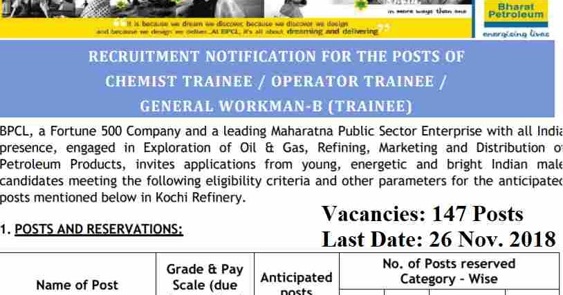 BPCL Careers Making Opening - BPCL Recruitment for 147 Fresher Trainee ...