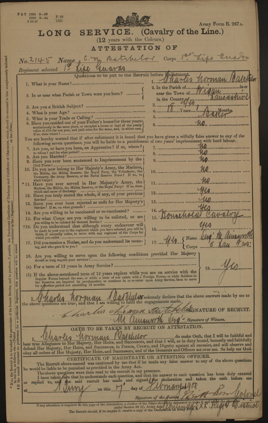 Army Forms & Attestations: Army Form B.267A - cavalry attestation