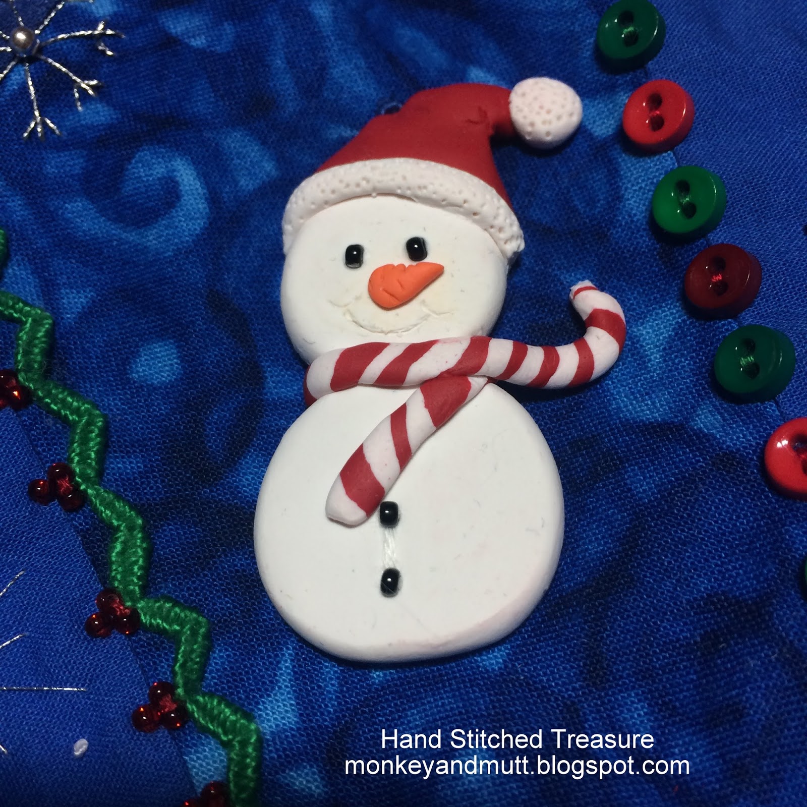 Hand Stitched Treasure: Polymer Clay Snowman Motif