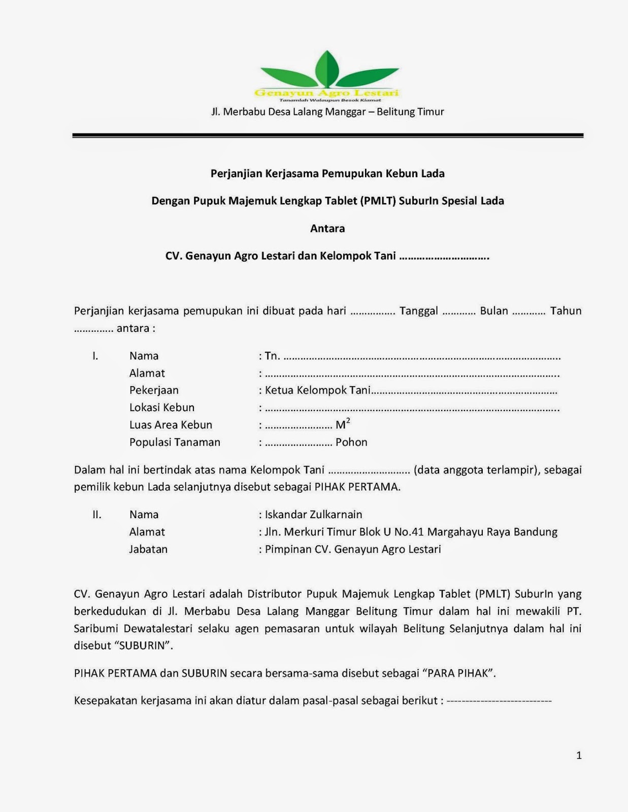 PUPUK MAJEMUK LENGKAP TABLET SUBURIN: CONTOH MoU KEMITRAAN PADA TANAMAN ...