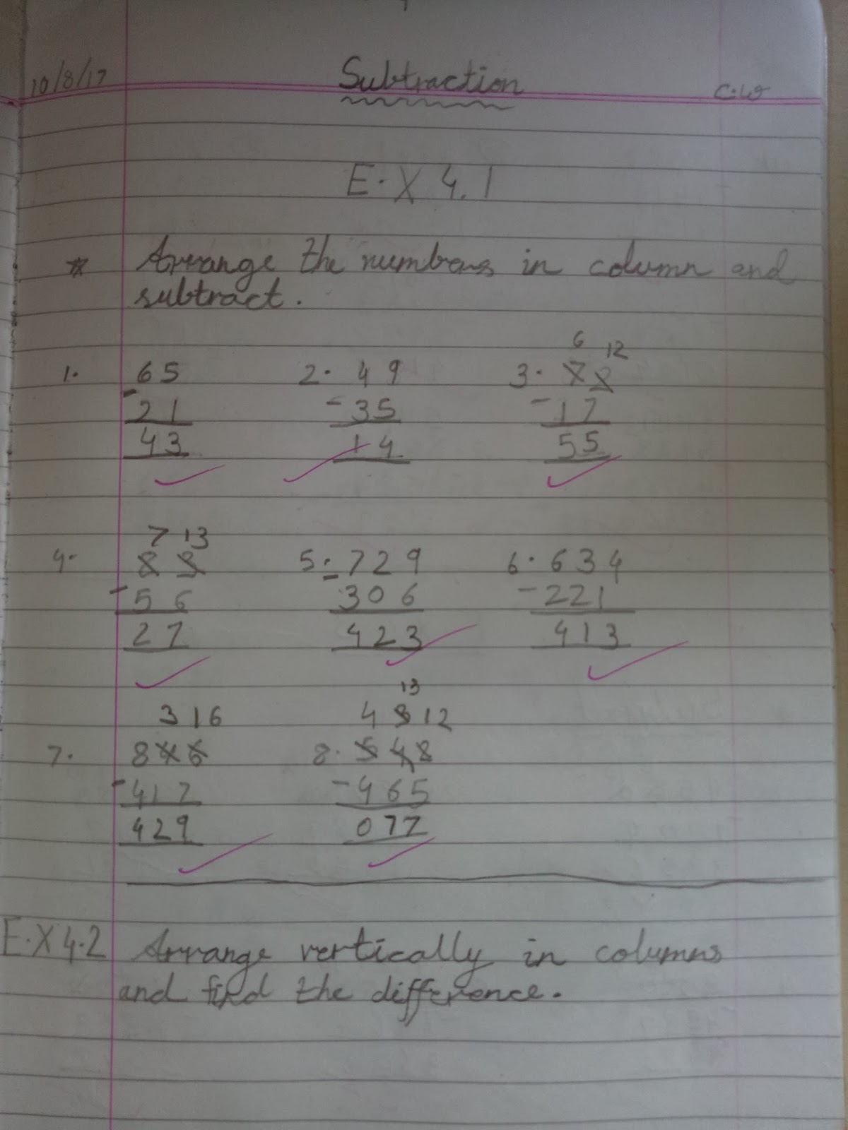 PIS BARODA STD-3: Grade 3 Math Subtraction notebook work
