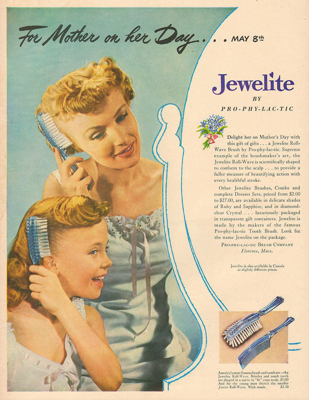 1949 - JEWELITE - Hair Brush - Ad - MOTHER AND DAUGHTER BRUSHING HAIR ...