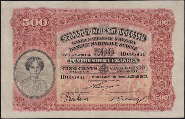 Switzerland banknotes CHF 500 Swiss Francs banknote of 1923|World ...