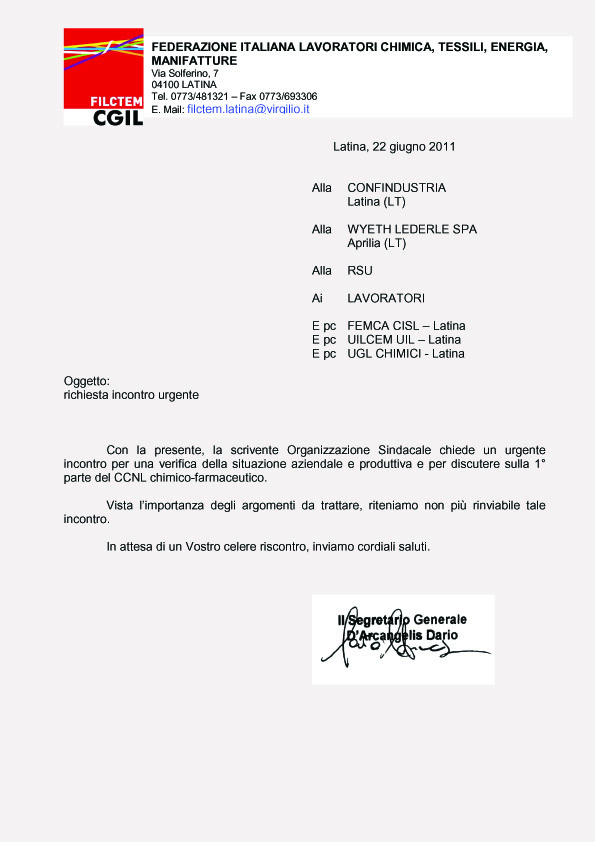 FILCTEM CGIL Wyeth Aprilia: Nuova richiesta di incontro urgente con la ...