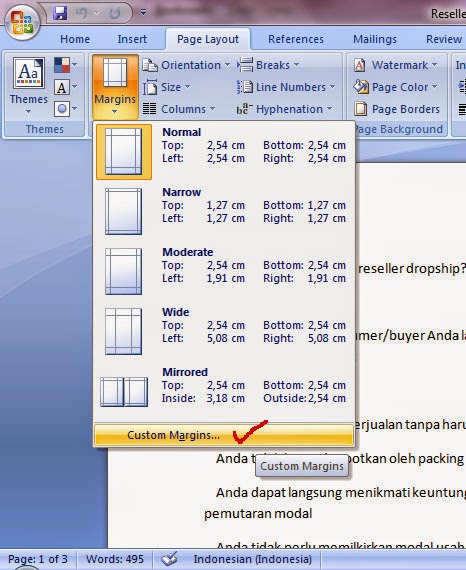 Cara Menggunakan Menu Custom Margins - Belajar Microsoft Word