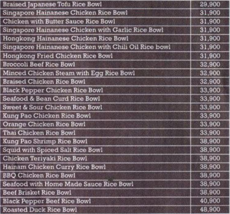Daftar Harga Menu Rice Bowl Terbaru & Terlengkap 2018