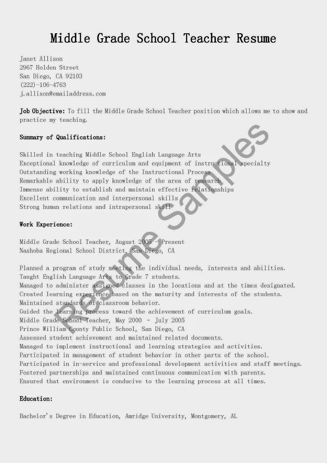 Resume Samples: Middle Grade School Teacher Resume Sample