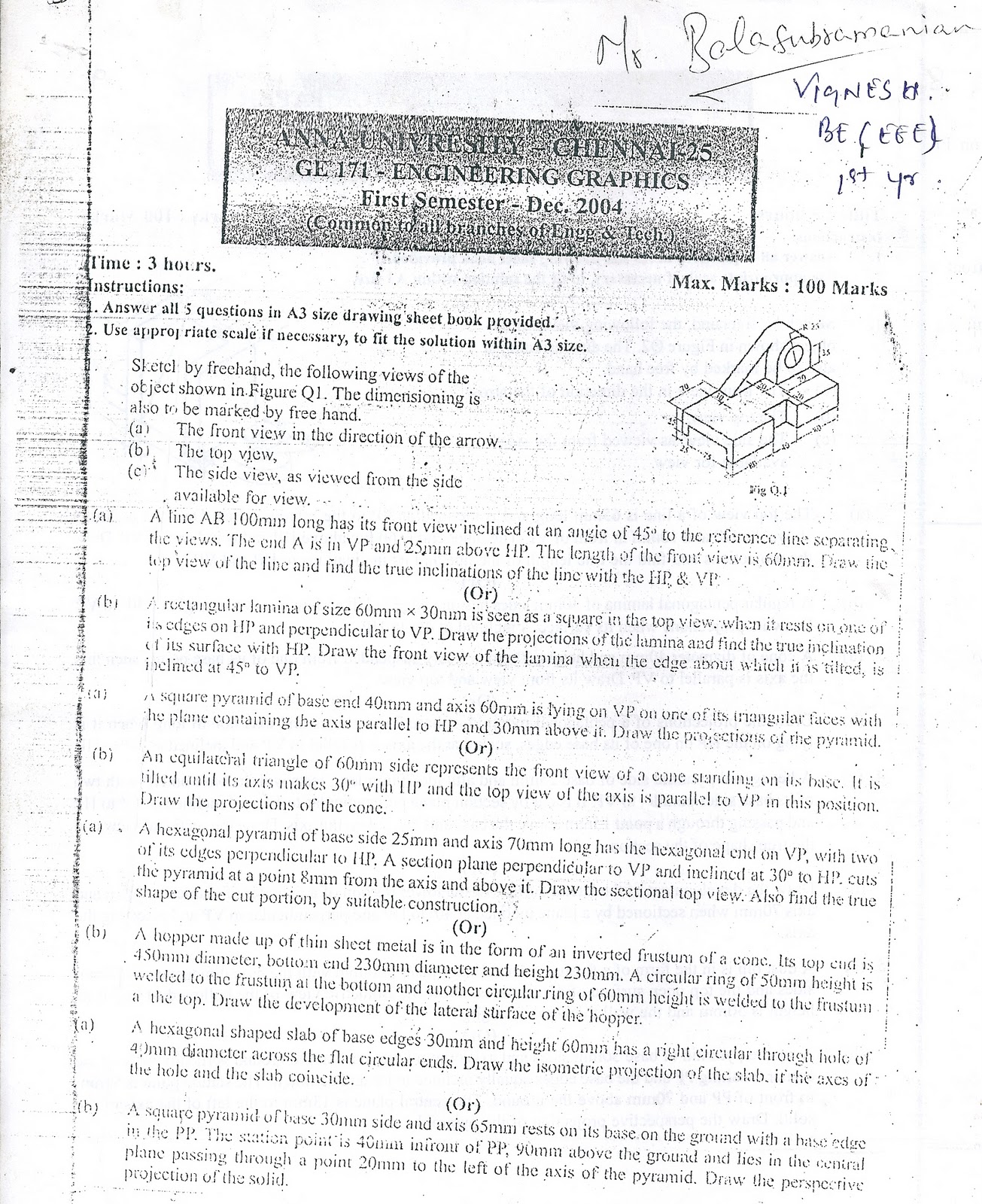 Engineering Graphics - December 2004 Question Paper ~ Vidyarthiplus (V+ ...