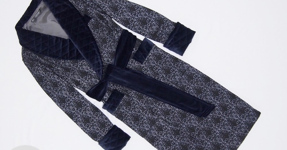 Men's Long Paisley Luxury Robe in Navy Blue Jacquard