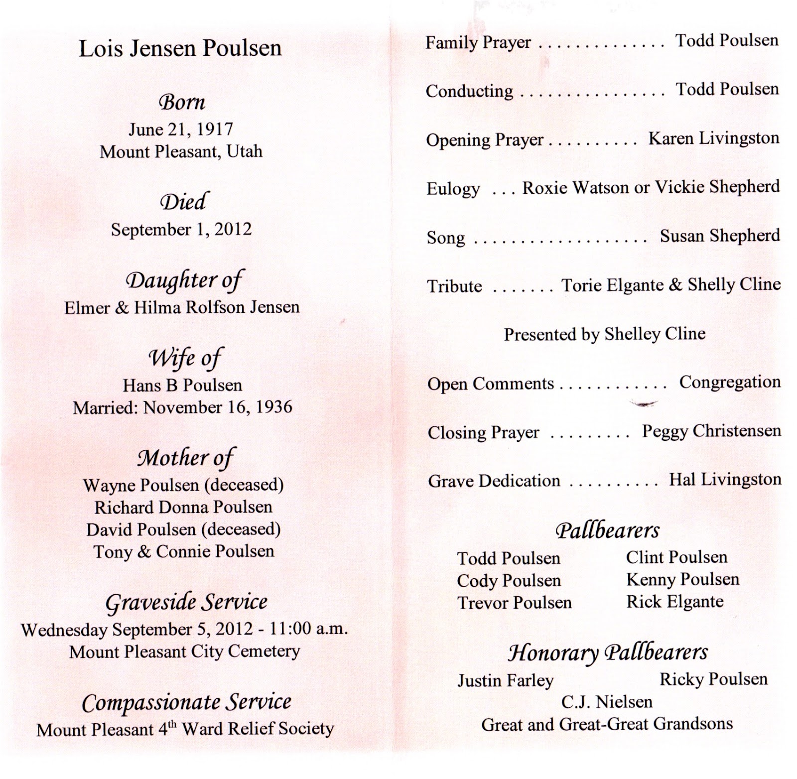 Mt. Pleasant Obituary Page: Poulsen, Lois Jensen Funeral Program