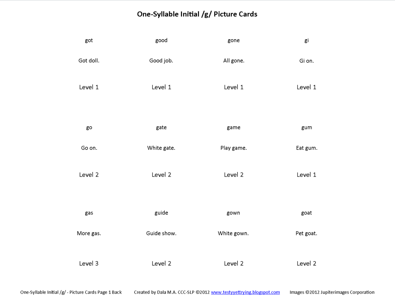 Testy yet trying: Initial G: Free Speech Therapy Articulation Picture Cards