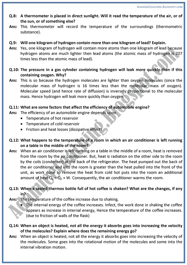 Adamjee Coaching: Heat - Question Answers - Physics XII