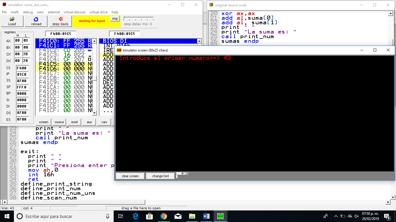 Lenguajes de Interfaz: Unidad No.1-Programa de la suma de dos numeros en emu8086(video)