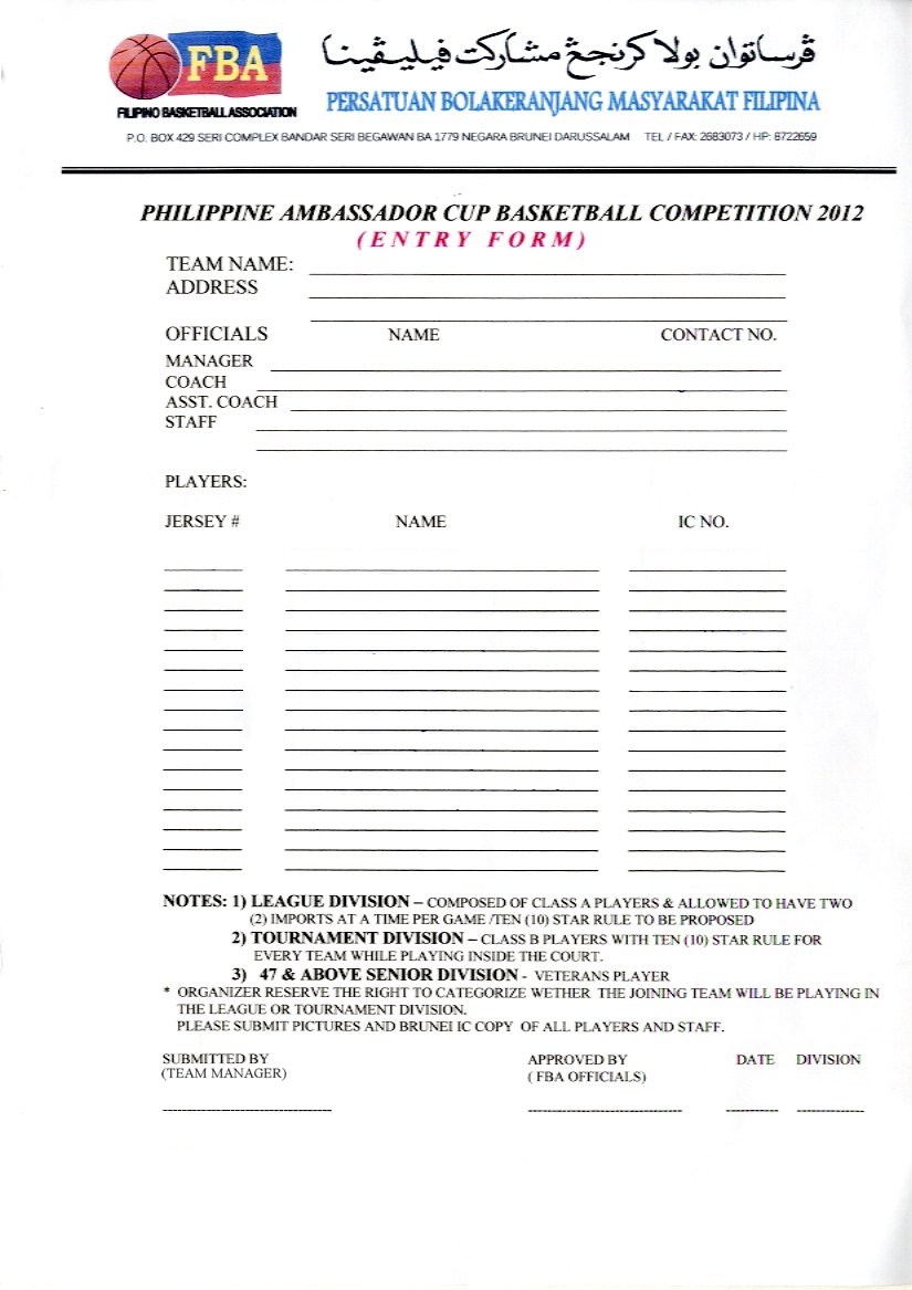 Brunei Basketball: Entry Form: 2012 Philippine Ambassador Cup