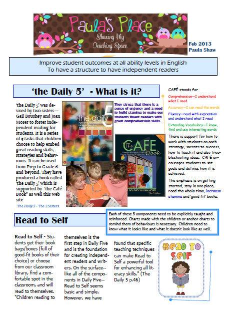 Paula's Place Teaching Resources: A visit - 'daily 5' and 'Cafe Literacy'