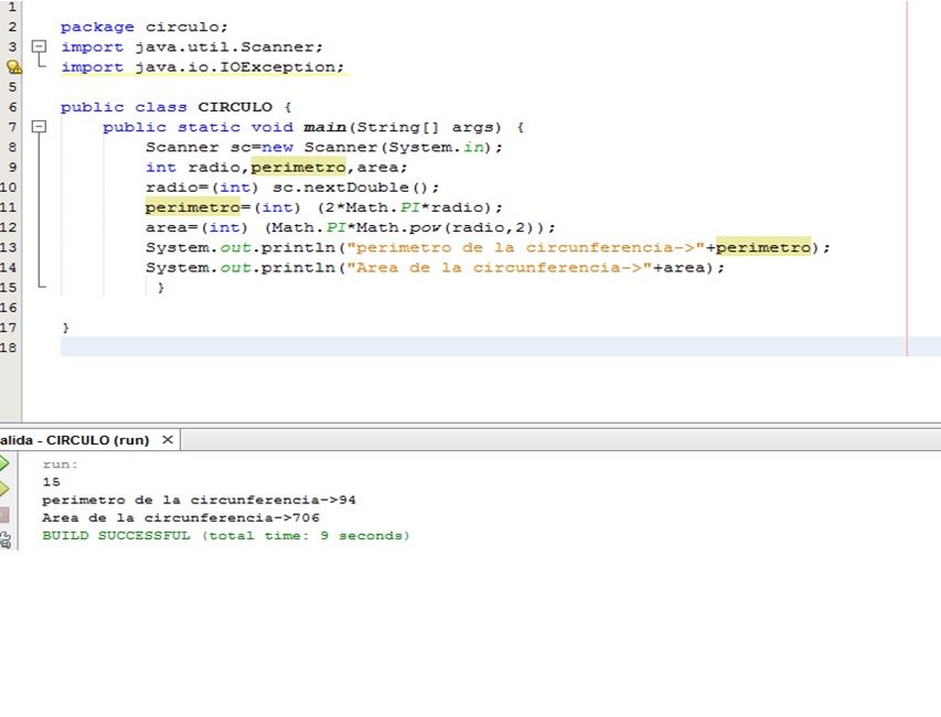 FUNDAMENTOS DE PROGRAMACION: ÁREA Y PERÍMETRO DE UN CIRCULO EN JAVA