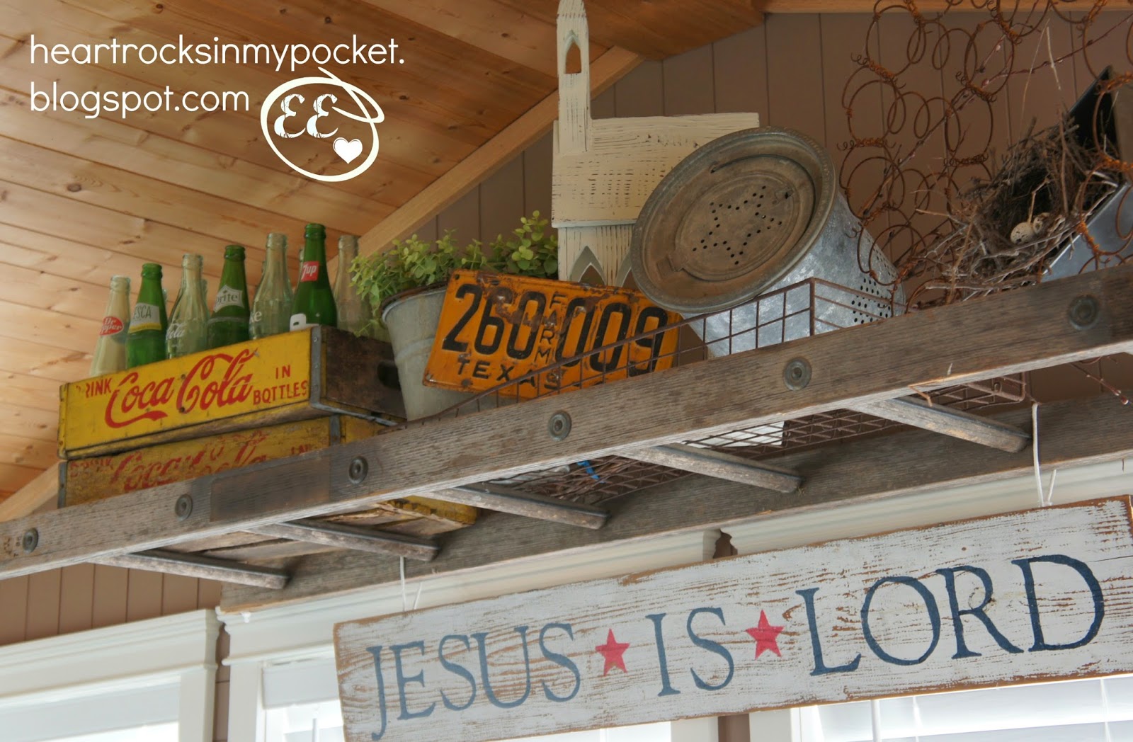 Heart Rocks In My Pocket: An Old Ladder Makes a Great Hanging Shelf