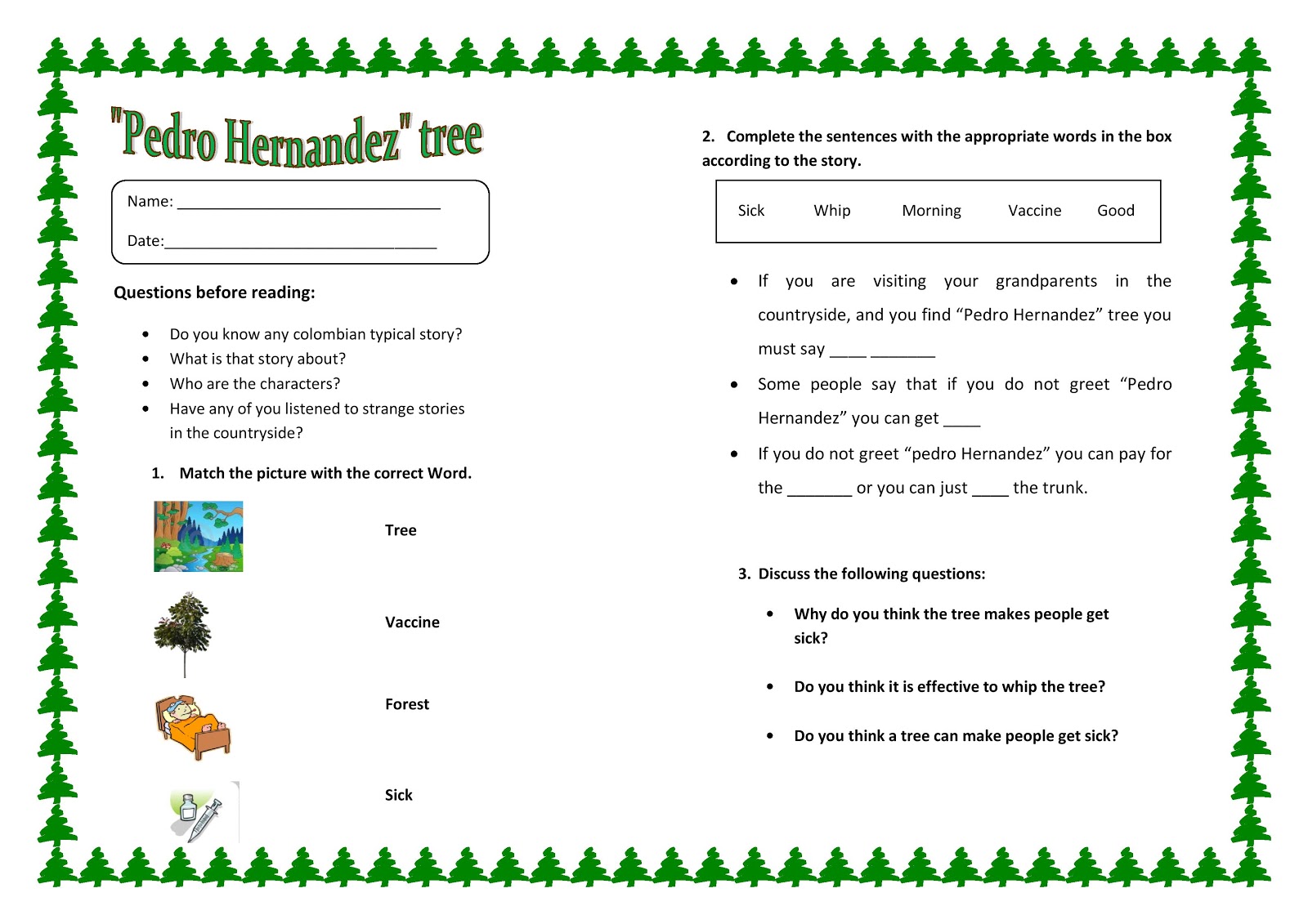 English 4 Kids: Pedro Hernandez story worksheet...