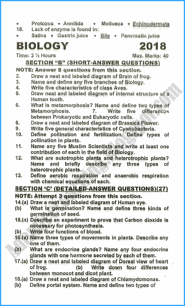 Adamjee Coaching: IX Biology - Past Year Paper - 2018