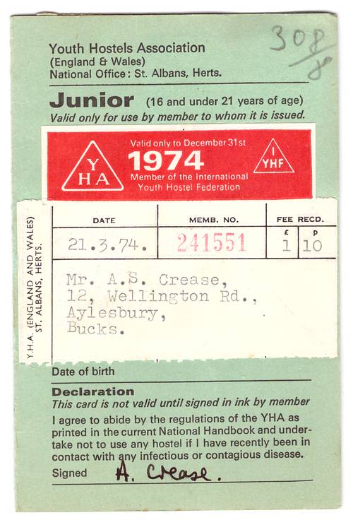 Interrail 1974: Alan's YHA Card