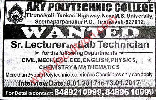AKY Polytechnic College, Tirunelveli, Wanted Senior Lecturer Plus Lab ...