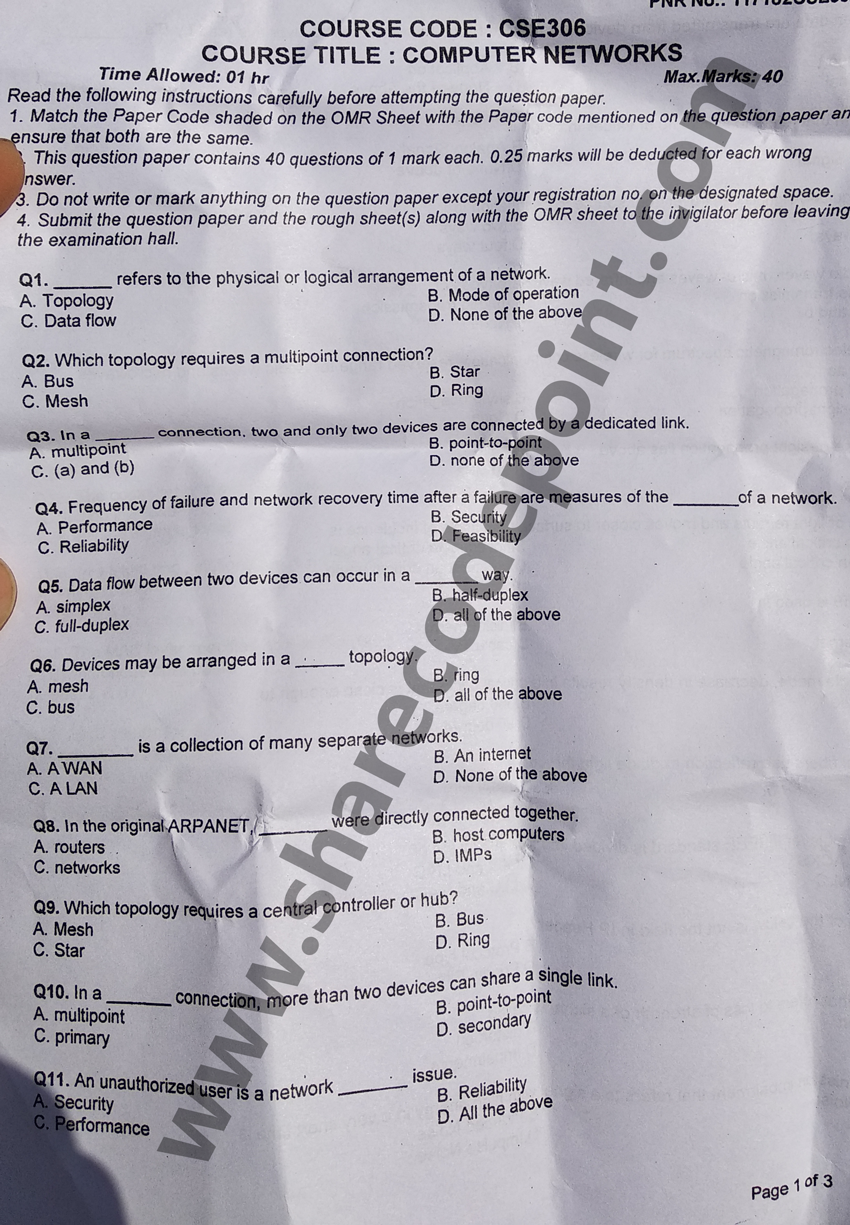 Cse306 Computer Network Mid Term Exam Question Paper Cse 306 Lpu Question Paper