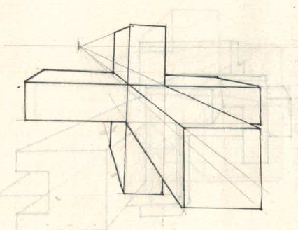 ARCH1101: Week 7 Perspective drawings of cross with mass