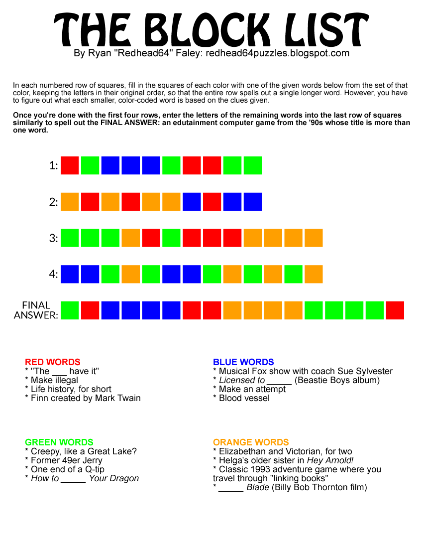 Redhead64's Obscure Puzzle Blog!: PUZZLE #168: The Block List