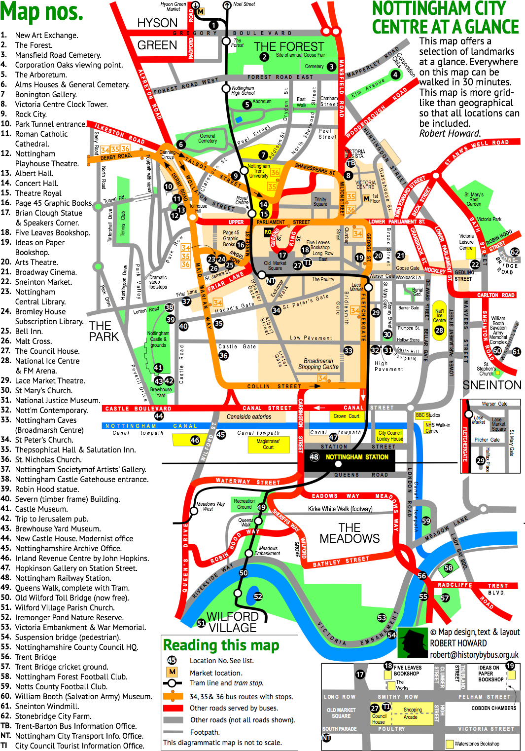 Nottingham 35 History Bus Map including city centre
