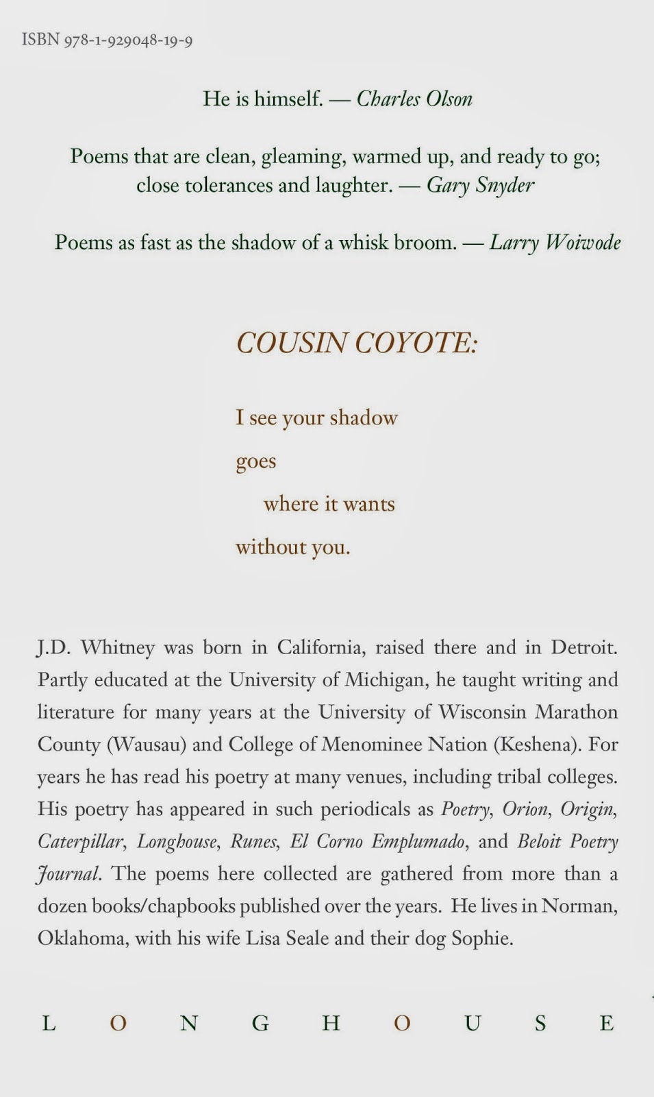 A Longhouse Birdhouse: J.D. WHITNEY'S SELECTED POEMS