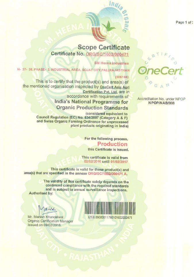 S. M. Heena Industries: Organic Scope Certificate