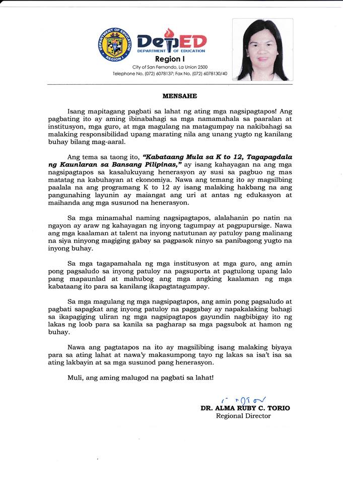 Schools Management: 2016 Graduation Message of Region 1 Director Schools Management: 2016 Graduation Message of Region 1 Director