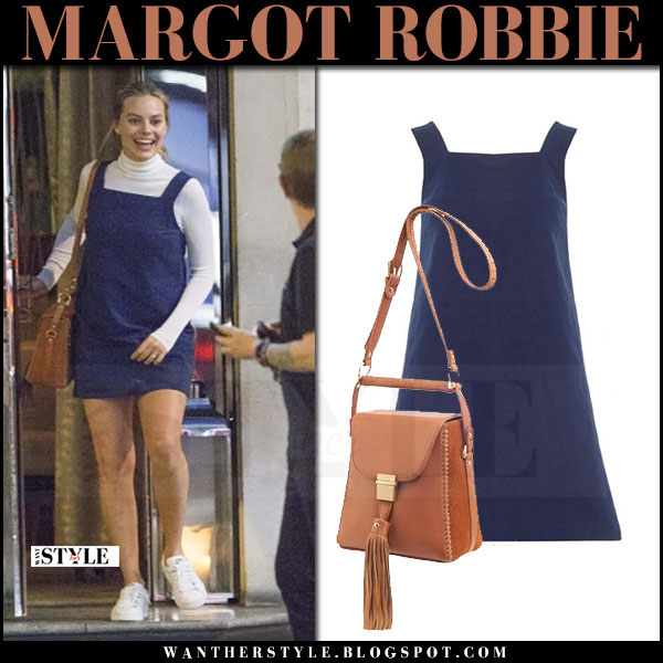 Margot Robbie in blue mini dress and white sneakers in London on May 30 ...