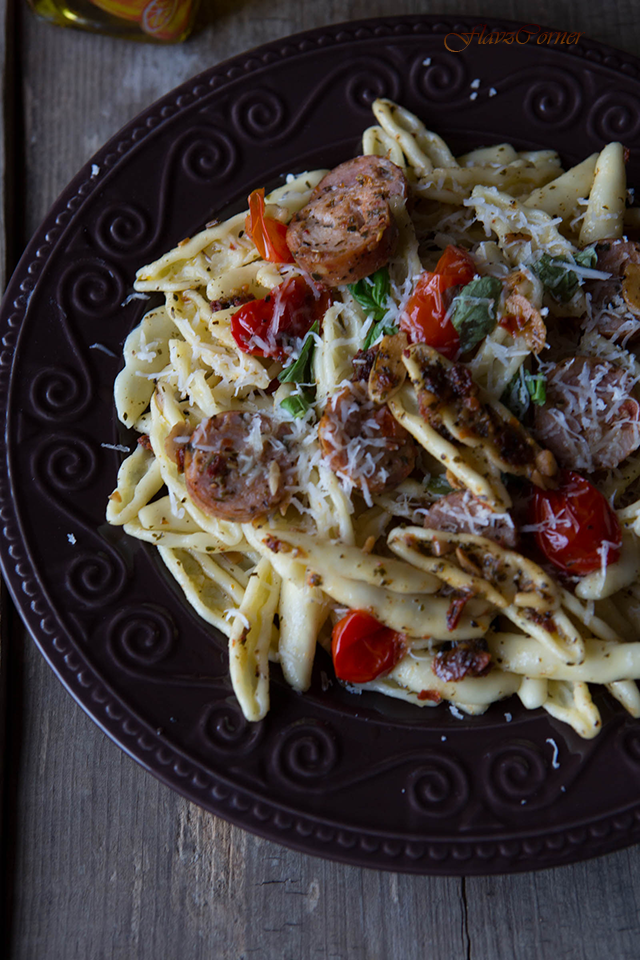 Capunti With Sun Dried Tomatoes, Chicken Sausage & Goat Cheese