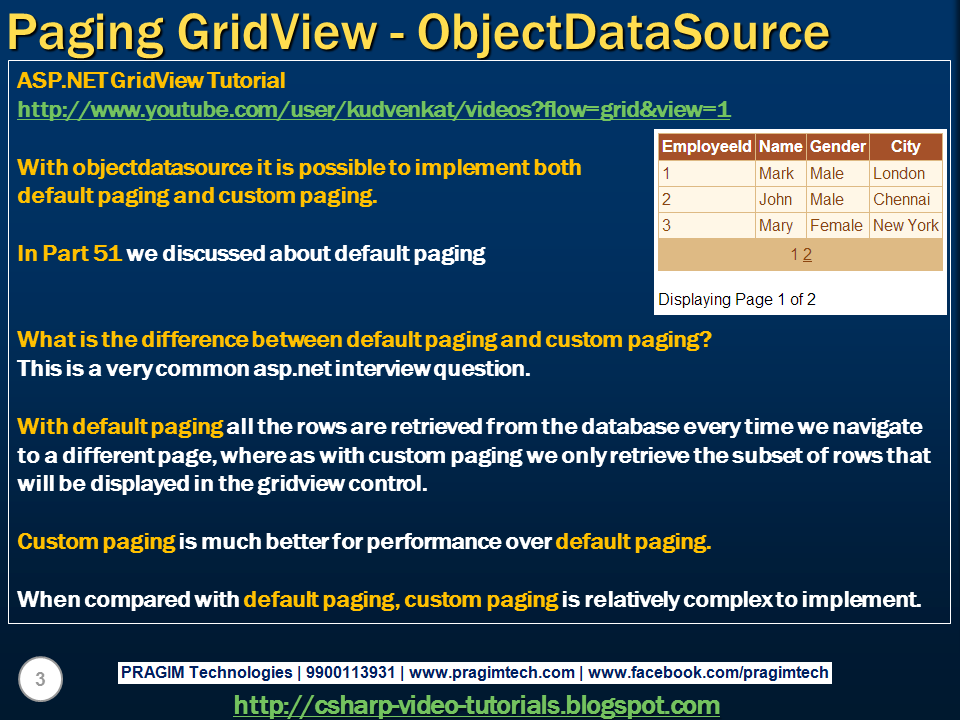 Sql server, .net and c# video tutorial: Part 52 – Custom paging in gridview that uses object ...