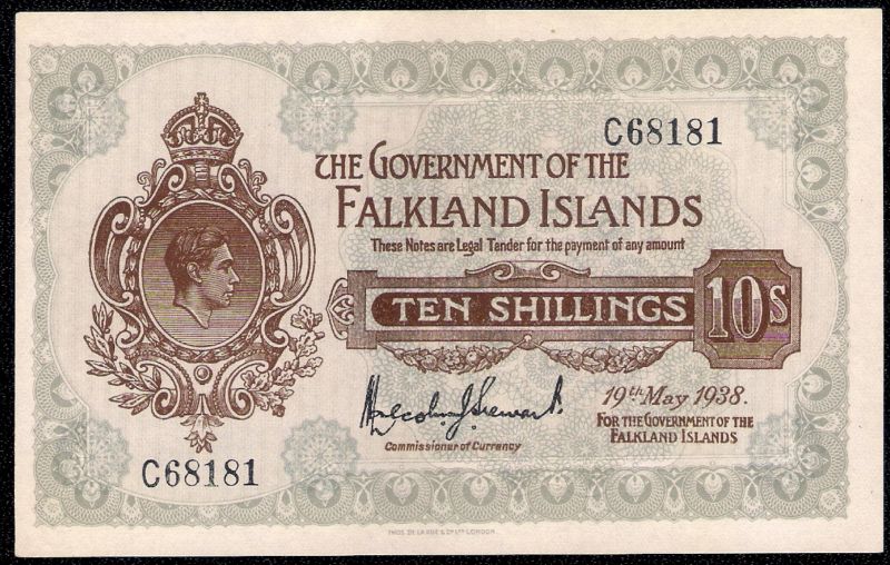 Falkland Islands banknotes 10 Shilling note 1938 King George VI|World ...