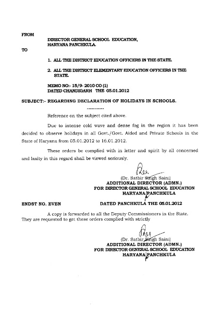 REGARDING DECLARATION OF HOLIDAYS IN SCHOOLS. from 05.01.2012 to 16.01. ...