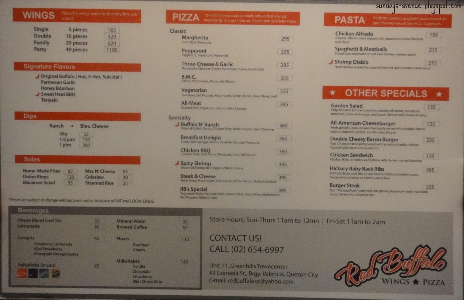 Sunday's Avenue: Red Buffalo Wings & Pizza