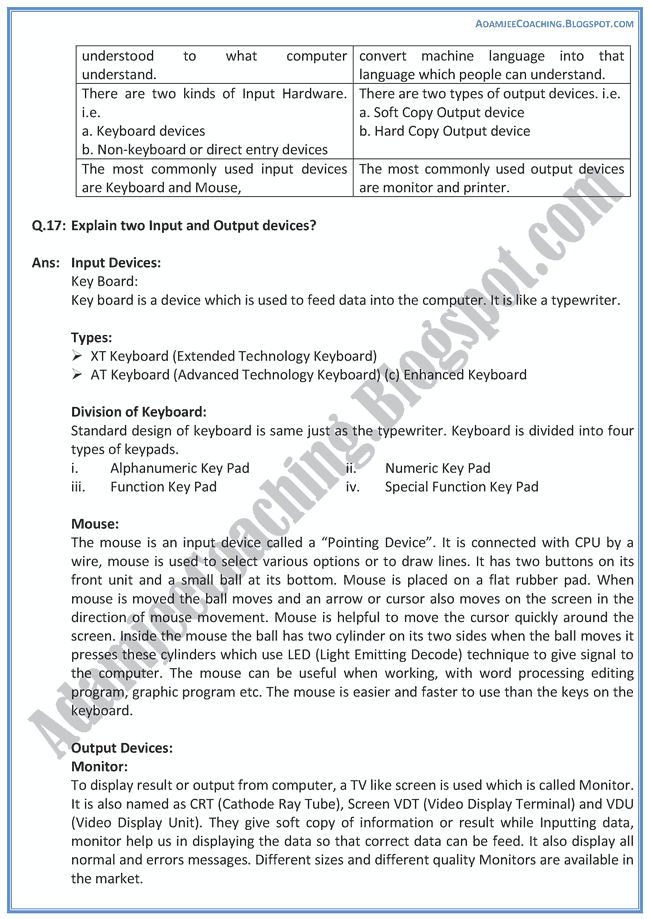 Adamjee Coaching: Input Output Devices - Descriptive Question Answers - Computer IX