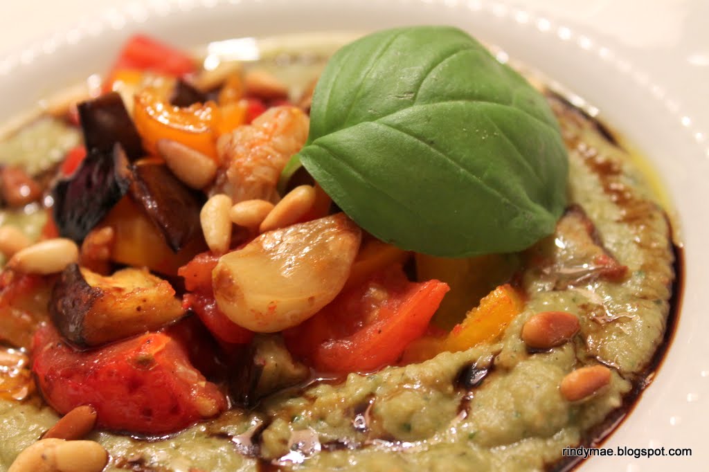 Rindy Mae: Basil Chickpea Puree With Shrimp and Roasted Veggies