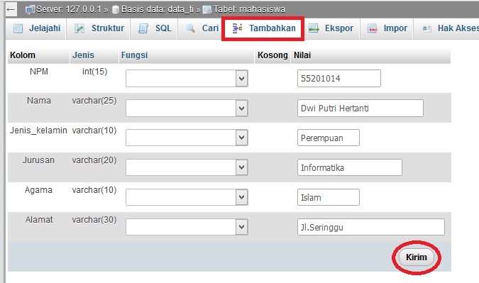 Latihan Pemrograman Web: DATABASE PADA XAMPP DAN PHP