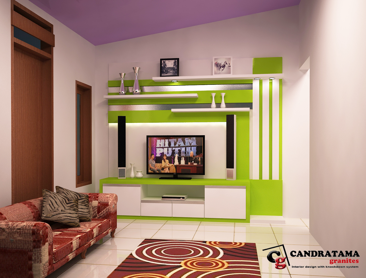 Design Rak TV Tema Putih dan Hijau