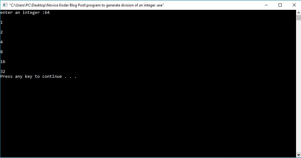 C++ program to generate a divisors of an integer
