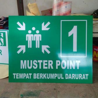 Rambu jalur evakuasi, titik kumpul, muster point, dll
