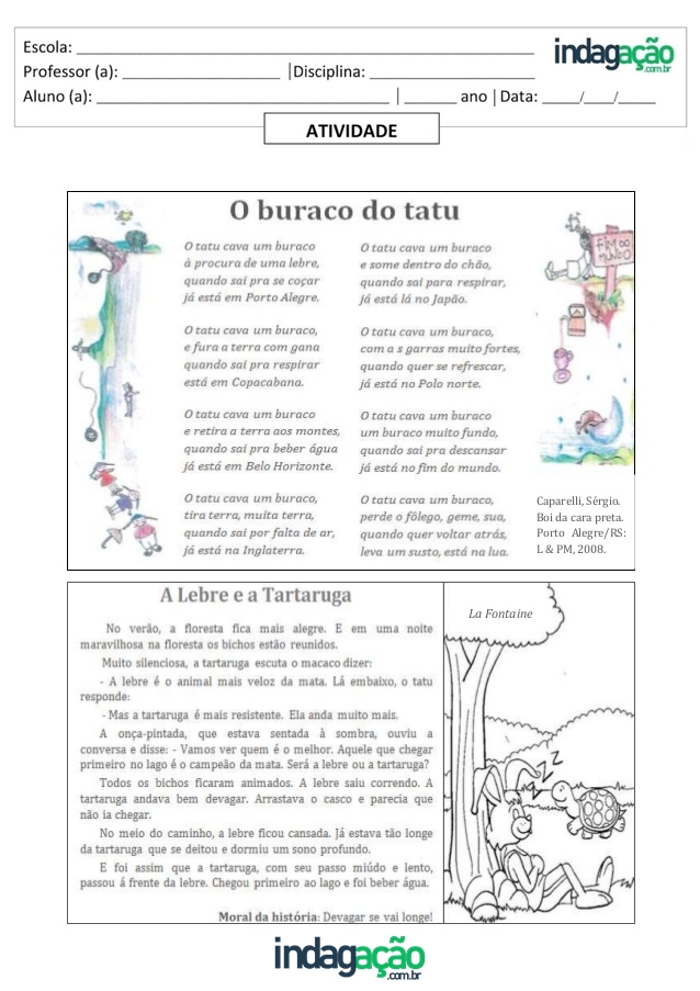 Atividade 5º ano: Comparar textos de diferentes gêneros - INDAGAÇÃO