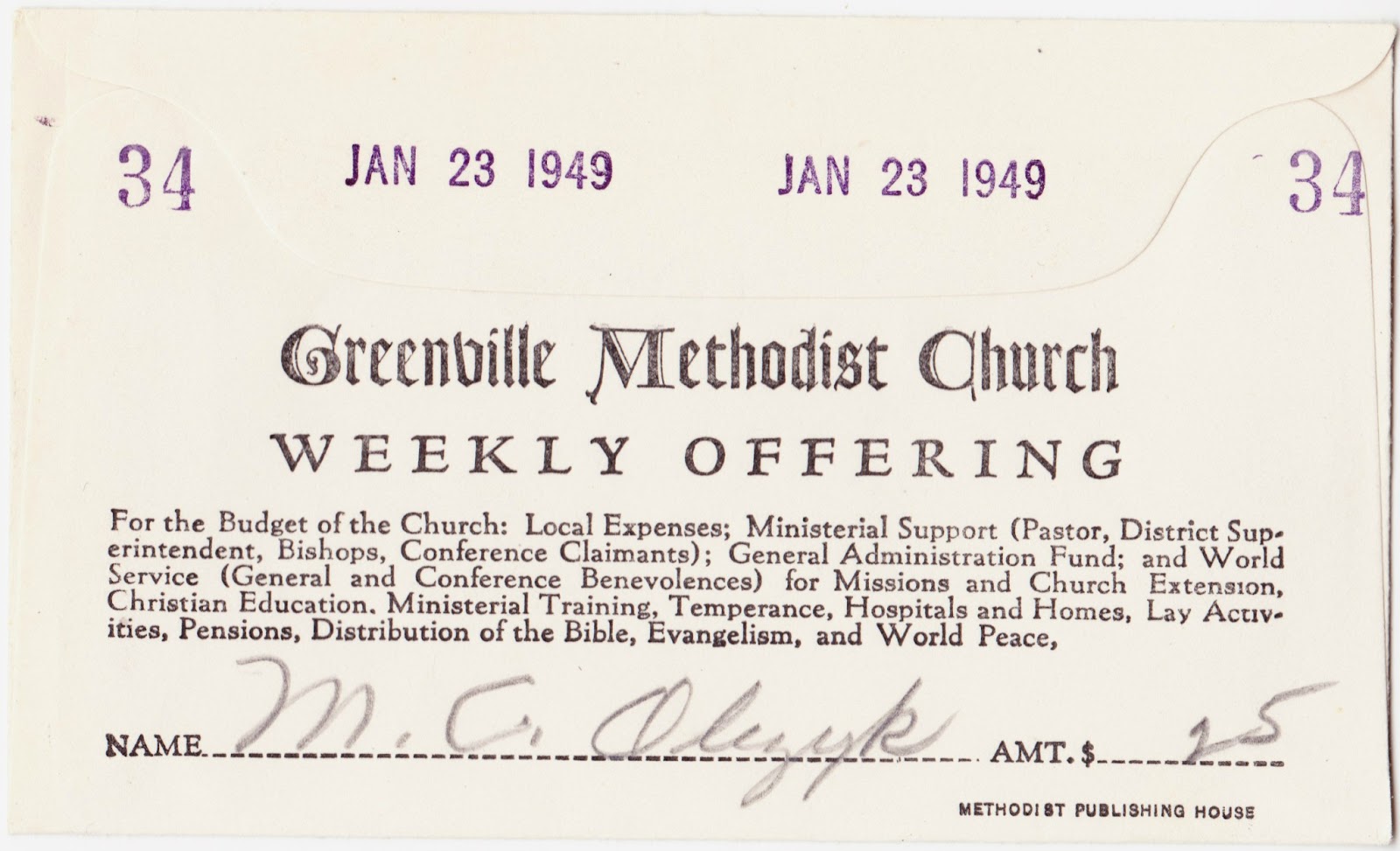 Papergreat: 1949 offering envelope for Greenville Methodist Church