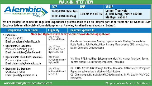 Alembic Pharmaceuticals Ltd - Walk-In Interviews for Production ...