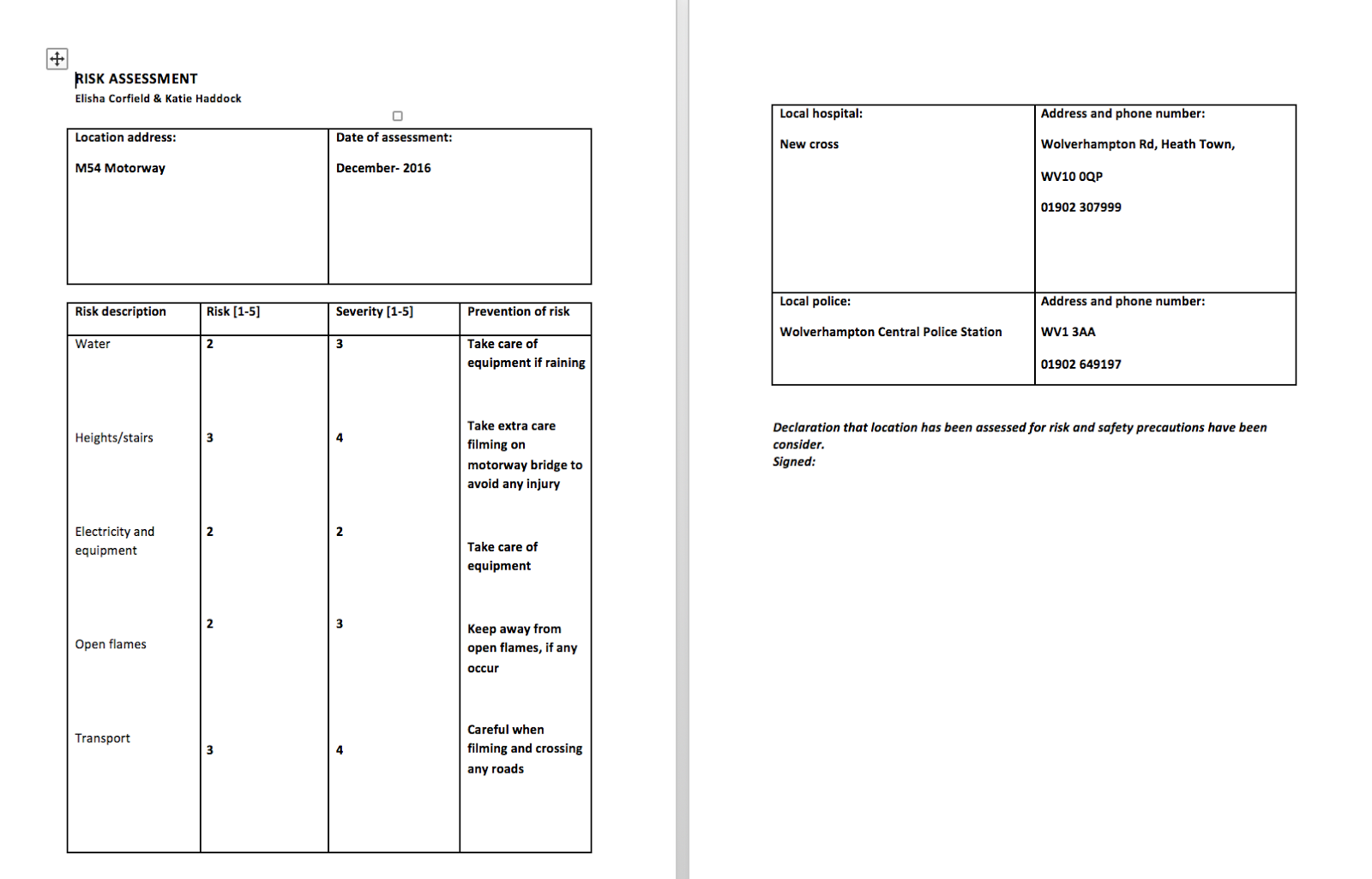 Elisha Corfield Media A Level Blog: Location - Risk Assessments
