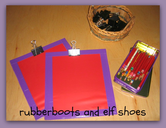 repurpose binders into clipboards - rubber boots and elf shoes